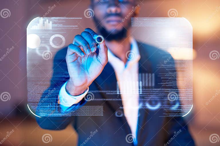 Hologram, Digital and Touchscreen with Hands of Man for 3d Interface, Networking and Cloud ...