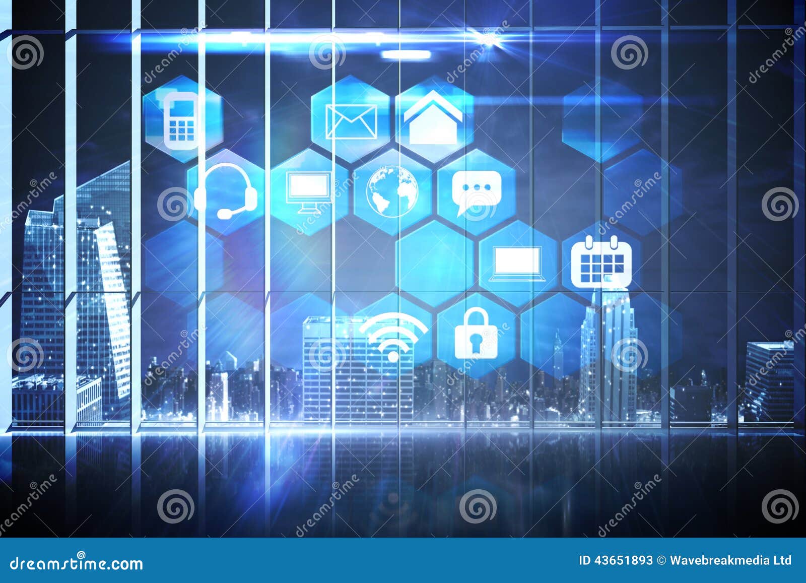 Hologram Interface in Office Overlooking City Stock Illustration ...