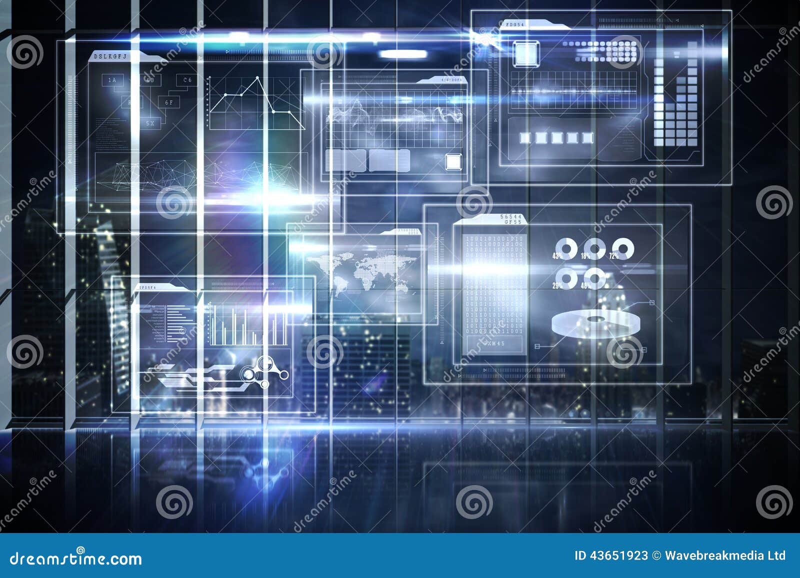 Hologram Interface in Office Overlooking City Stock Illustration ...