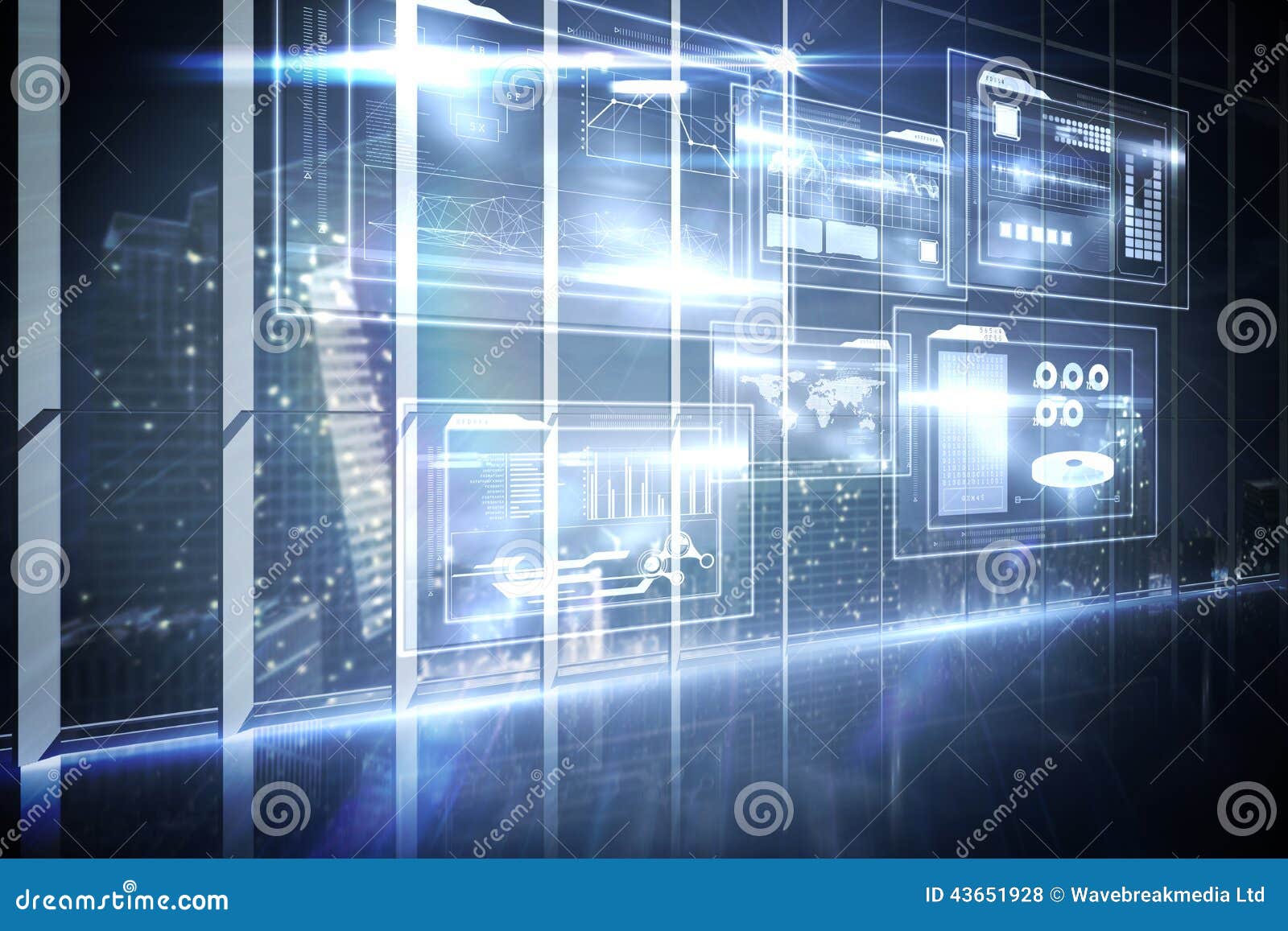 Hologram Interface in Office Overlooking City Stock Illustration ...