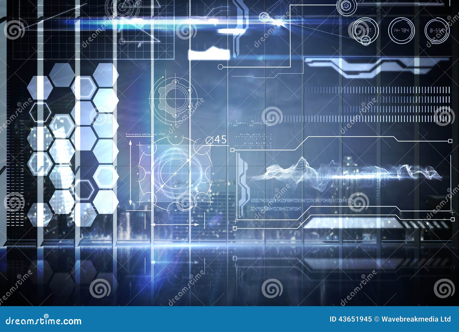 Hologram Interface in Office Overlooking City Stock Illustration ...
