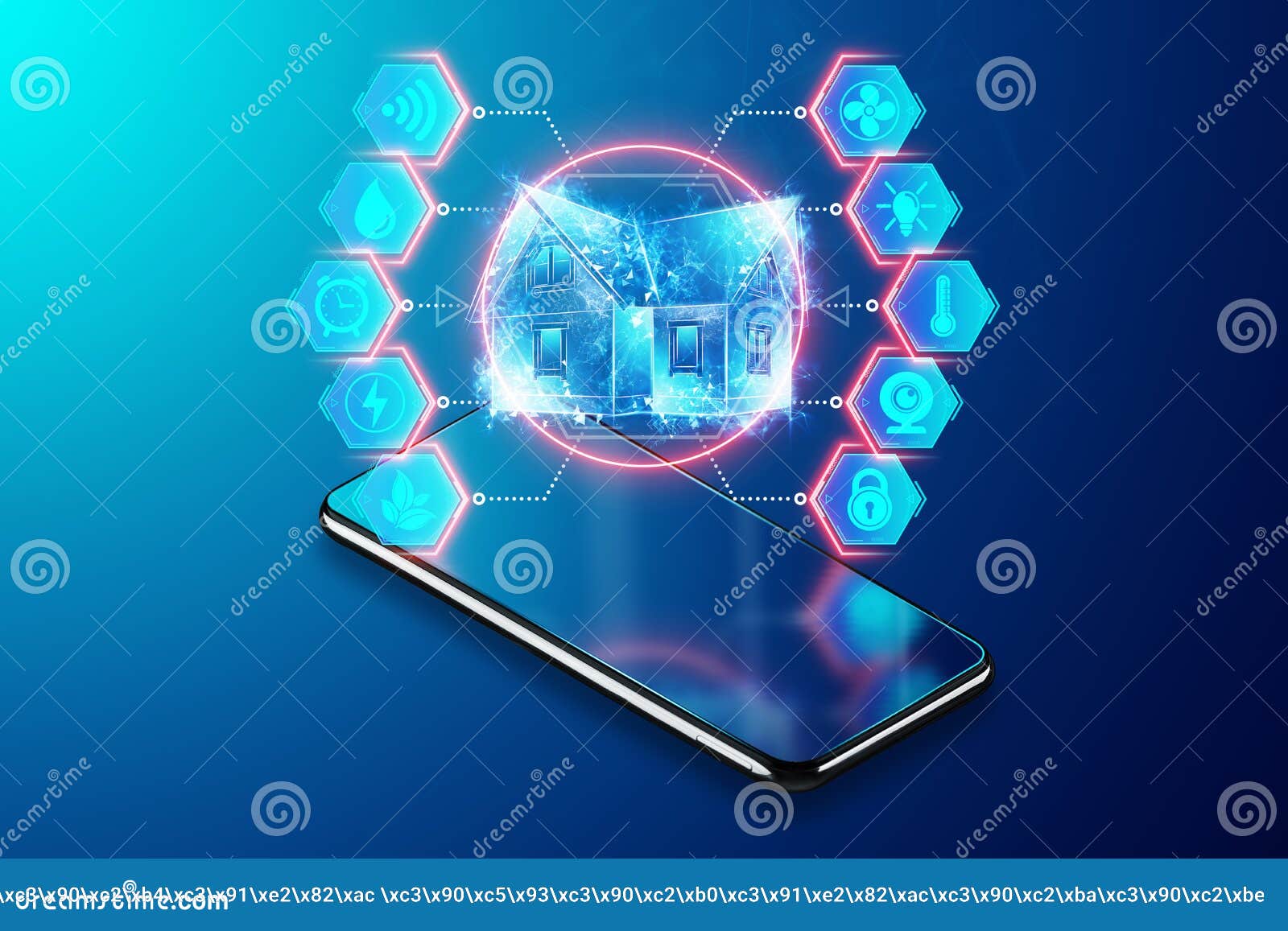Hologram Interface of a Smart Home in a Smartphone on a Blue Background ...