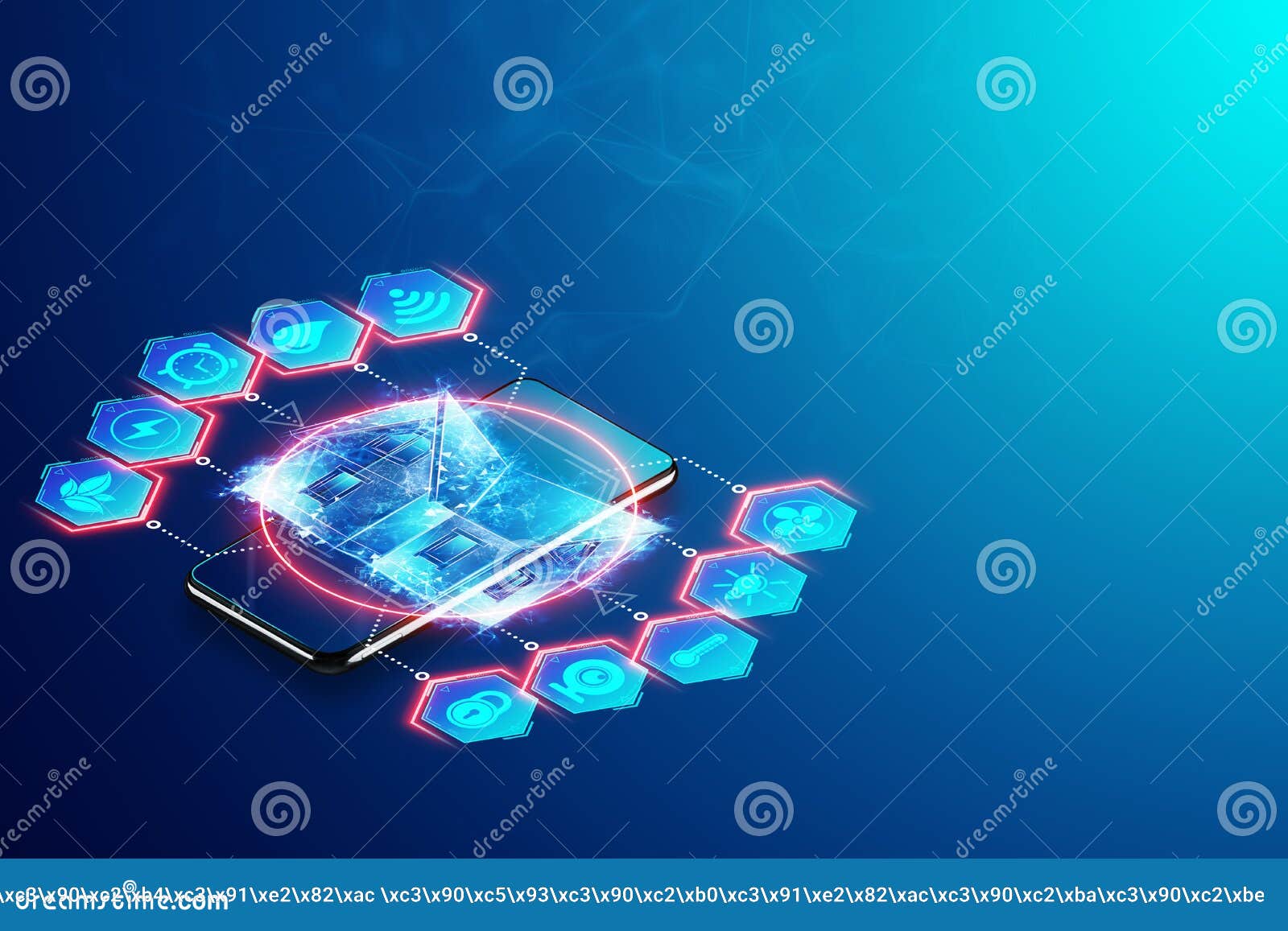 Hologram Interface of a Smart Home in a Smartphone on a Blue Background ...