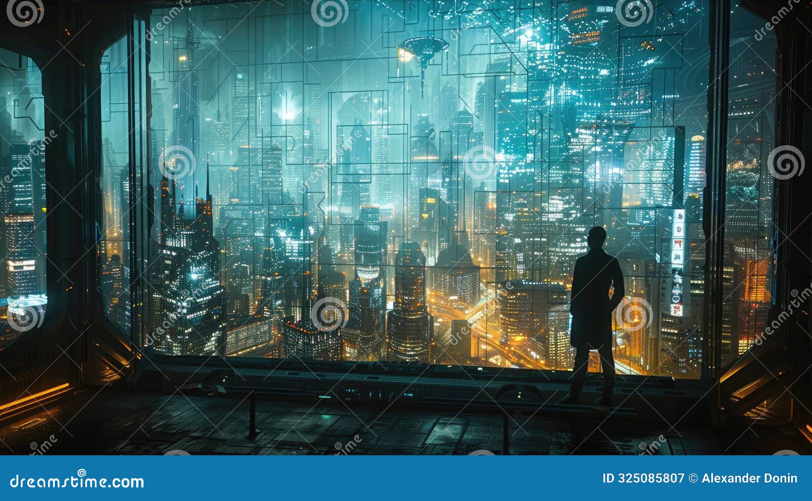 Hologram Projection of a Futuristic Cityscape with Silhouettes of ... Hologram Projection of a Futuristic Cityscape with Silhouettes of ...