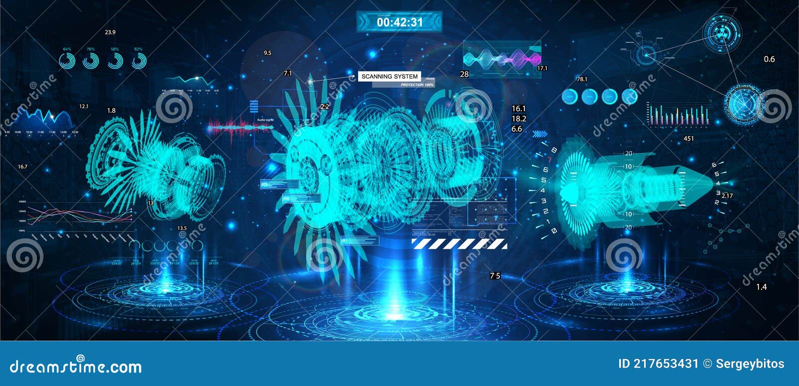 Holograms with 3D Turbines and HUD Interface. Modern Jet Engine of ...