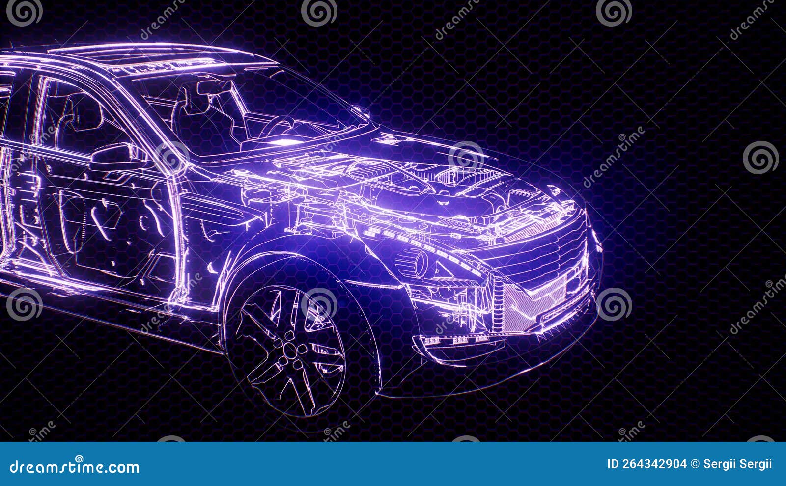 Holographic Animation of 3D Wireframe Car Model with Engine Stock ...