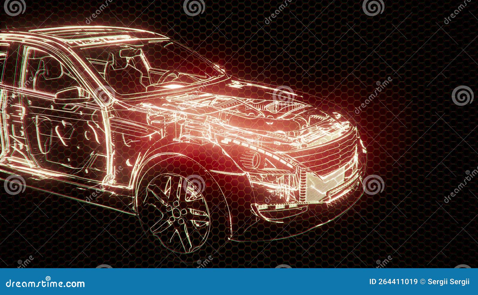 Holographic Animation of 3D Wireframe Car Model with Engine Stock ...