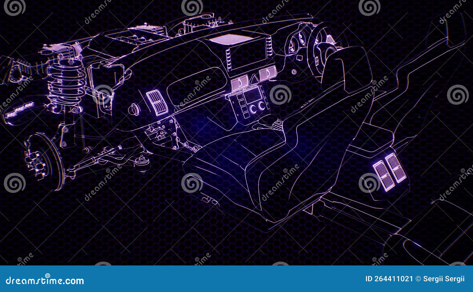 Holographic Animation of 3D Wireframe Car Model with Engine Stock ...