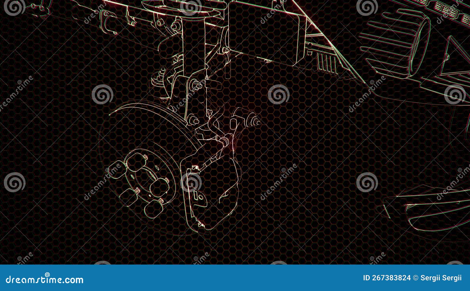 Holographic Animation Of 3D Wireframe Car Model With Engine Stock ...