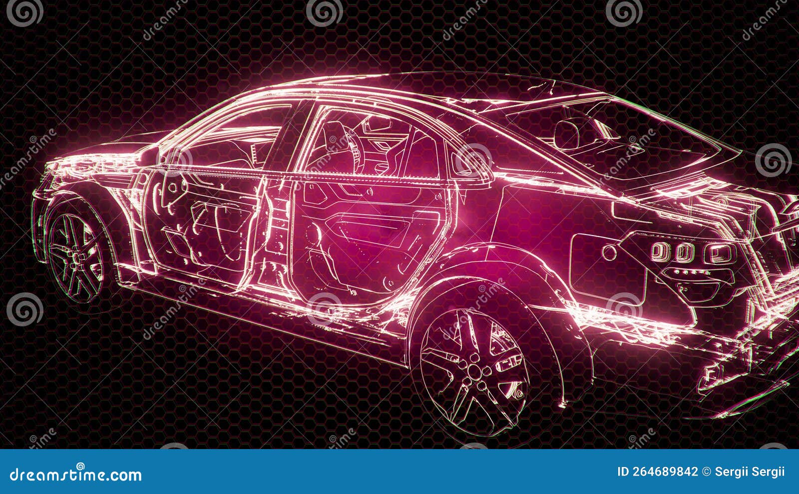 Holographic Animation of 3D Wireframe Car Model with Engine Stock ...
