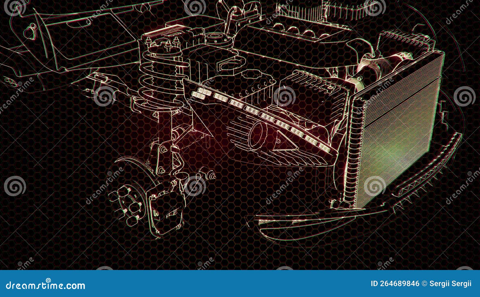 Holographic Animation Of 3D Wireframe Car Model With Engine Royalty ...