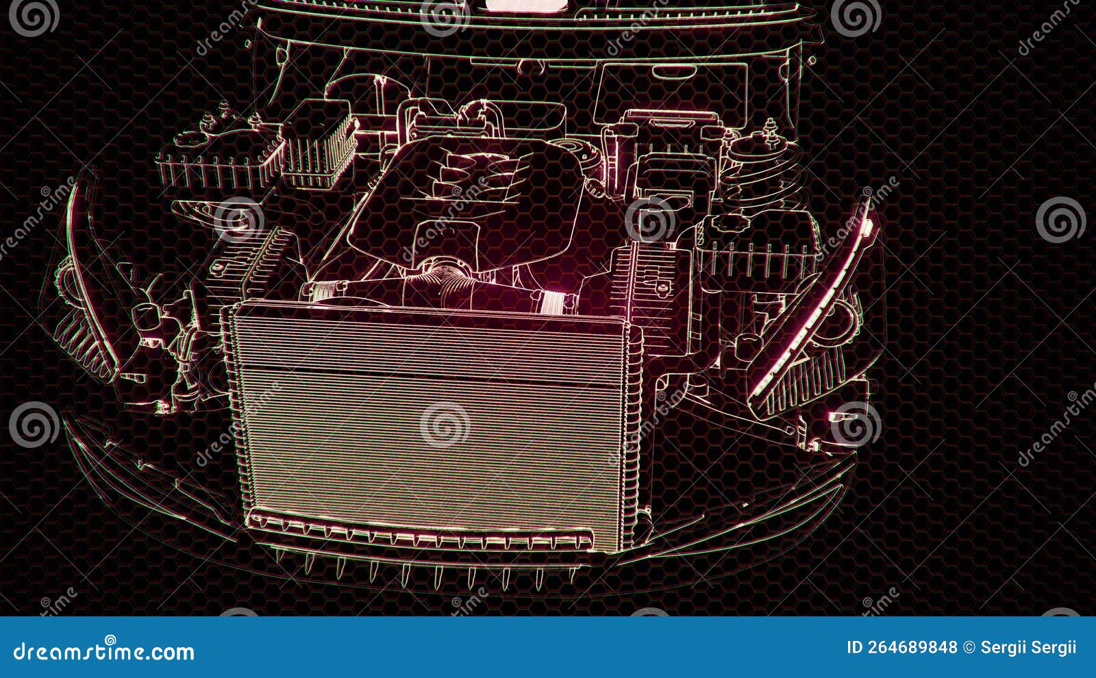Holographic Animation Of 3D Wireframe Car Model With Engine Stock ...
