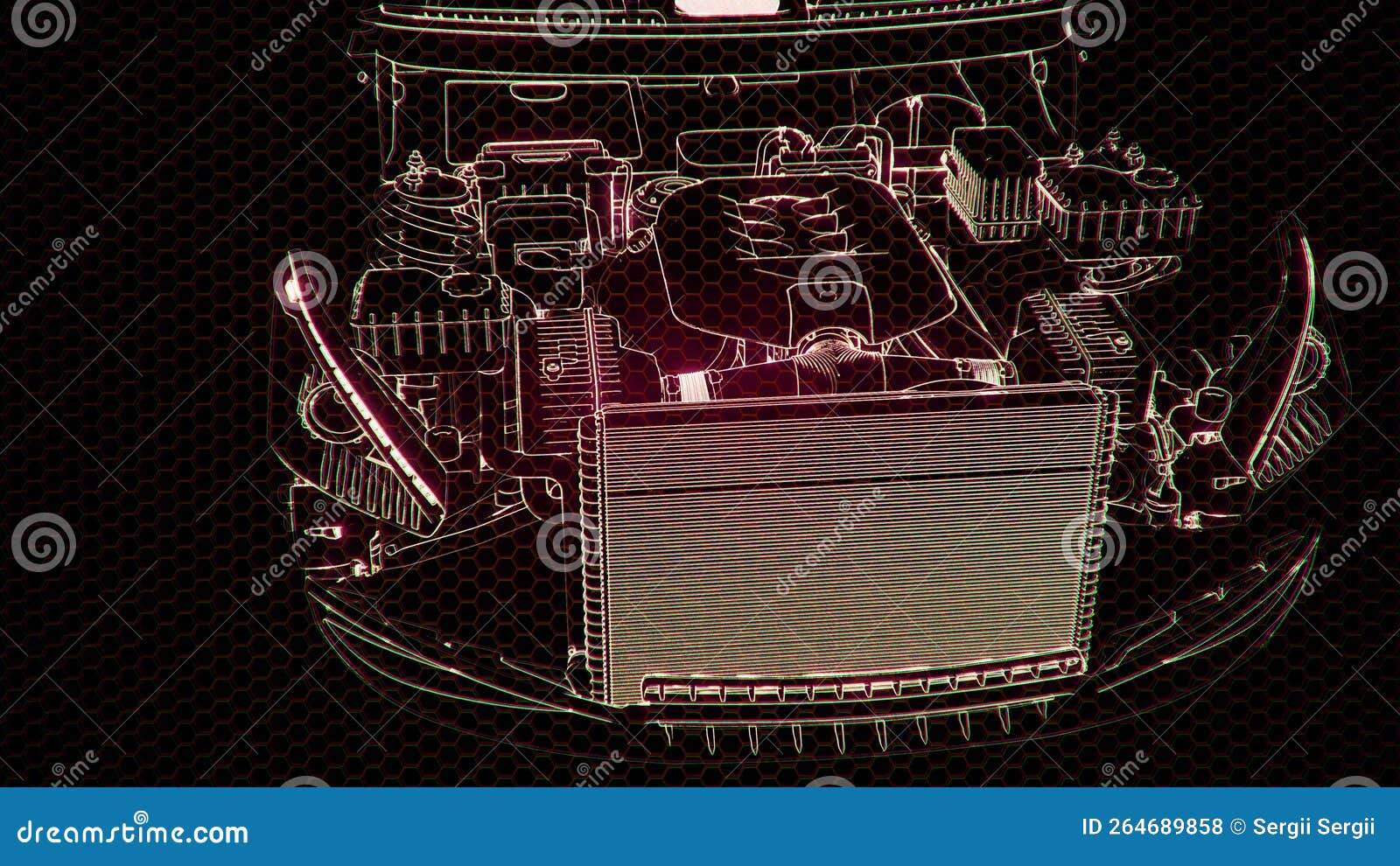 Holographic Animation of 3D Wireframe Car Model with Engine Stock ...