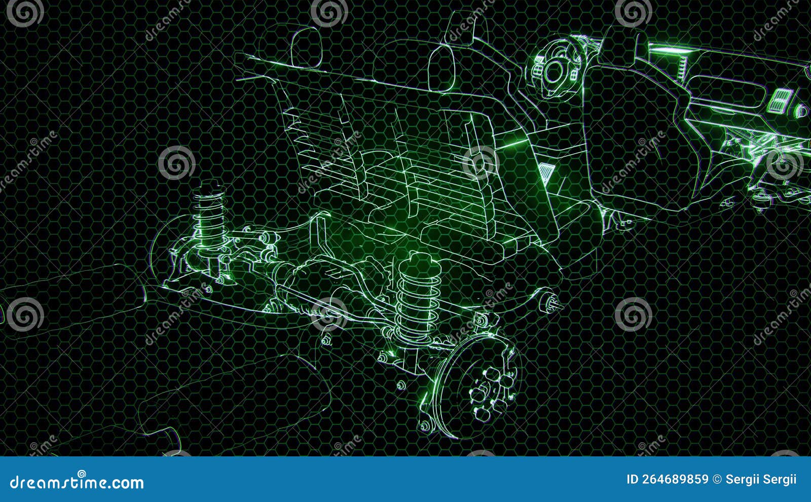 Holographic Animation of 3D Wireframe Car Model with Engine Stock ...
