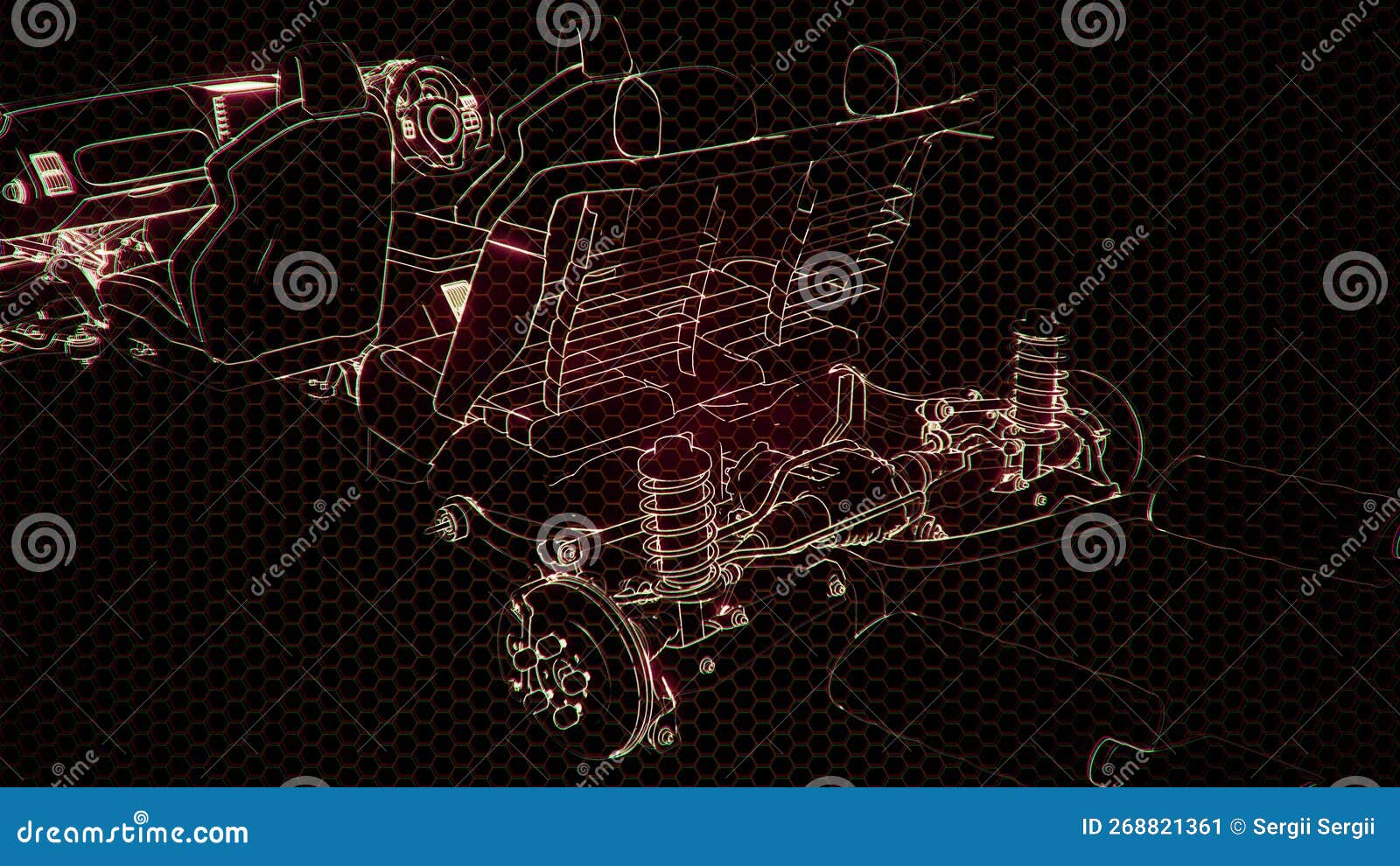 Holographic Animation of 3D Wireframe Car Model with Engine Stock ...