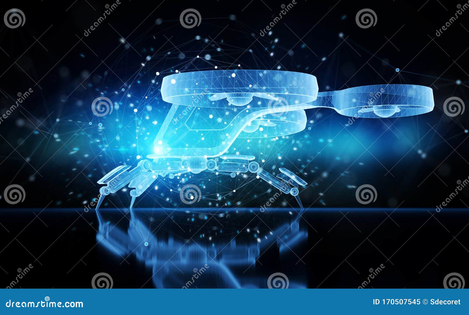 Holographic Blue Drone Projection on Dark Background 3D Rendering Stock ...