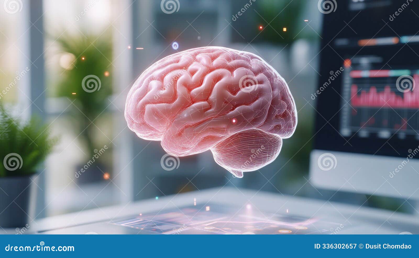A Holographic Brain Floating Above Desk, Surrounded by Technology and ...
