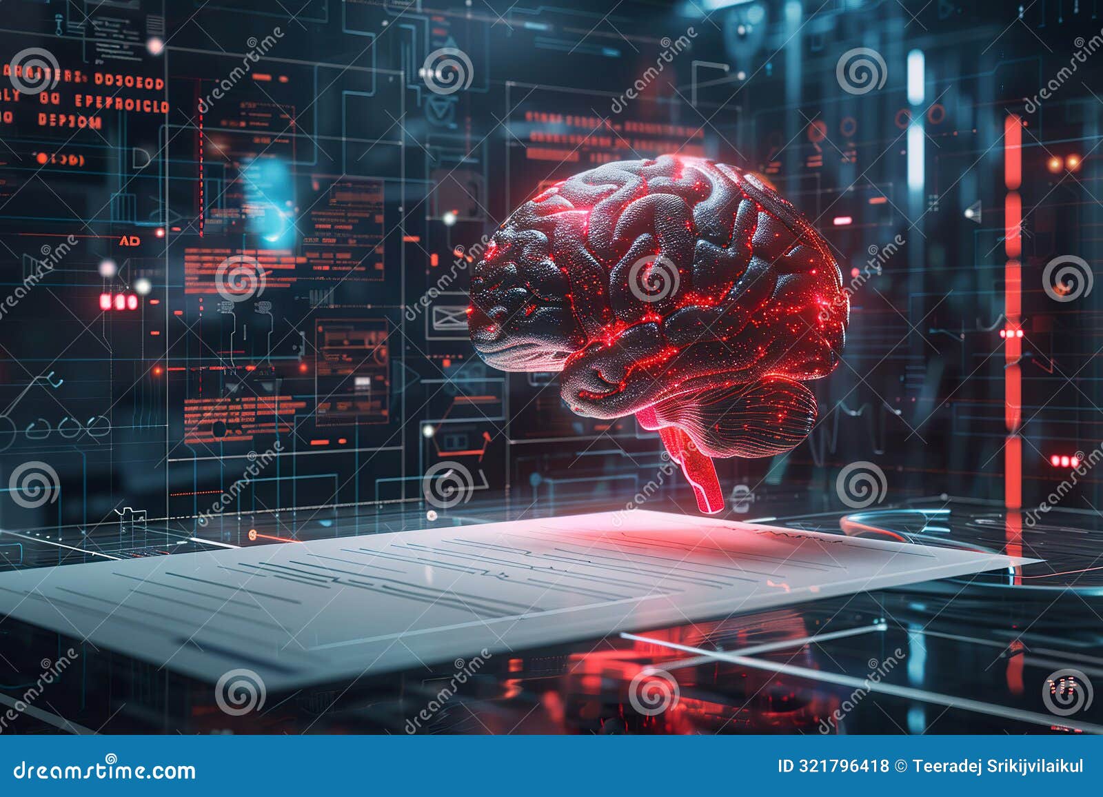 A Holographic Brain Surrounded by Intricate Digital Interfaces Stock ...