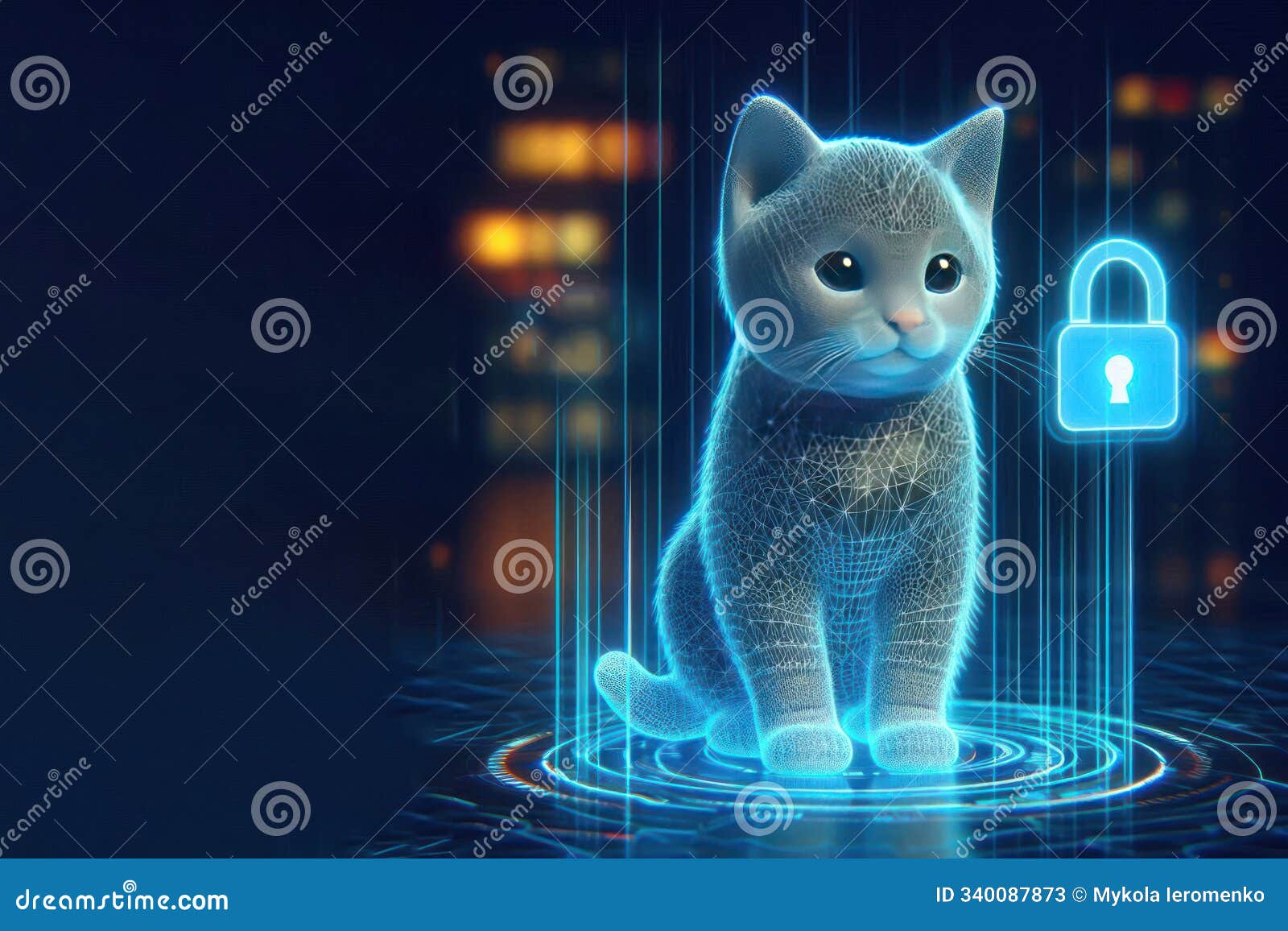 A Holographic Cat with a Lock, Symbolizing Digital Security. Stock ...