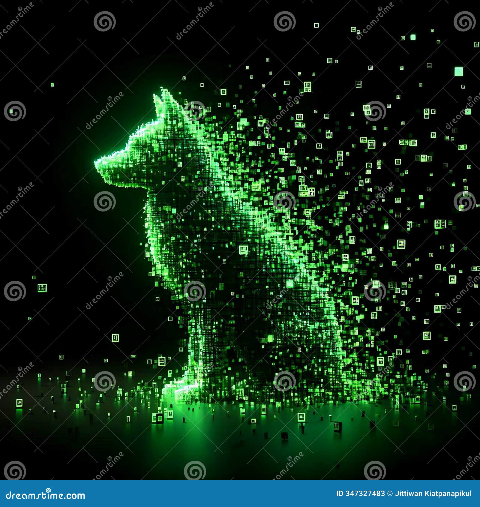 Holographic Dog Silhouette in the Glow Green Matrix Code on Black ...