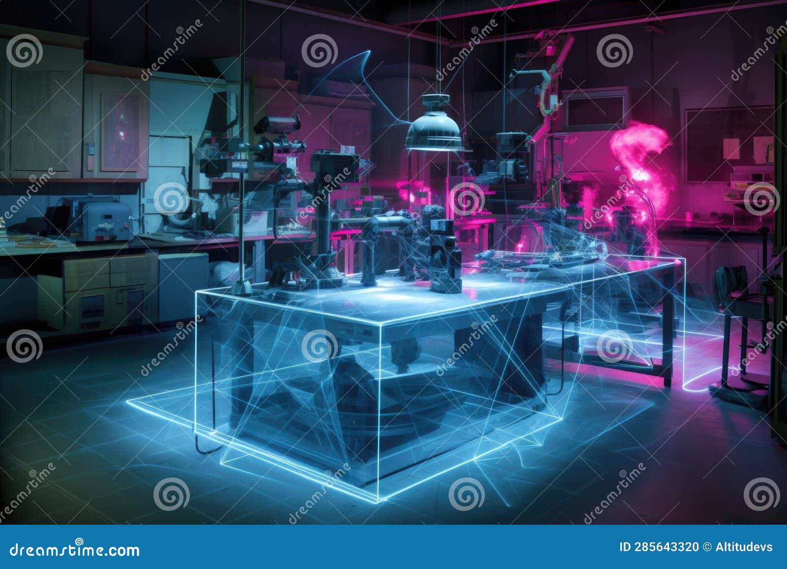 Holographic Lab with Laser Beams and Equipment Stock Photo - Image of ...