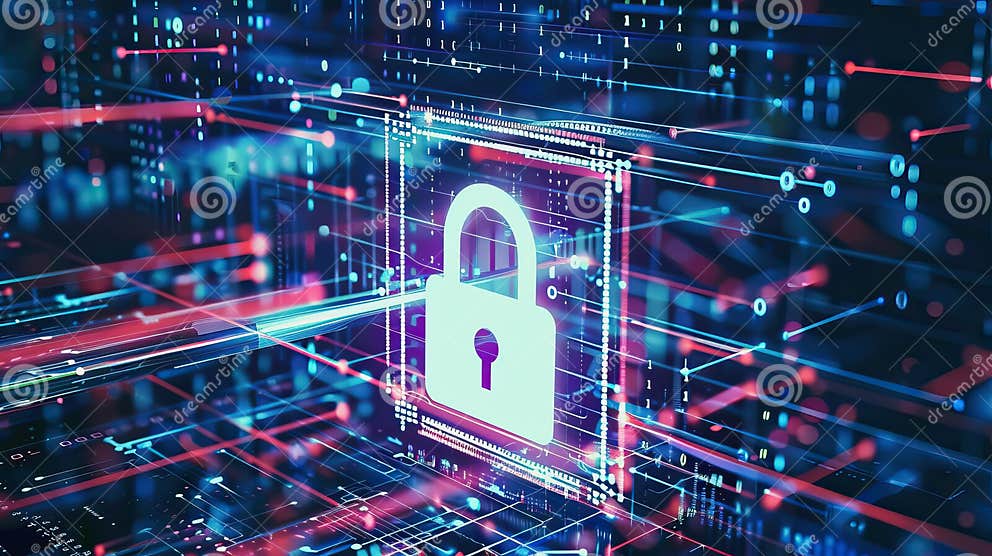 Holographic Padlock Amidst Data Streams and Binary Code in High-tech Security Setting Stock ...