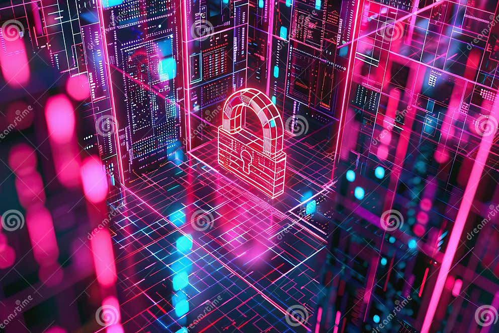 Holographic Padlock Amidst Data Streams and Binary Code in High-tech Security Setting Stock ...