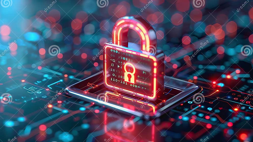 Holographic Padlock Amidst Data Streams and Binary Code in High-tech Security Setting Stock ...