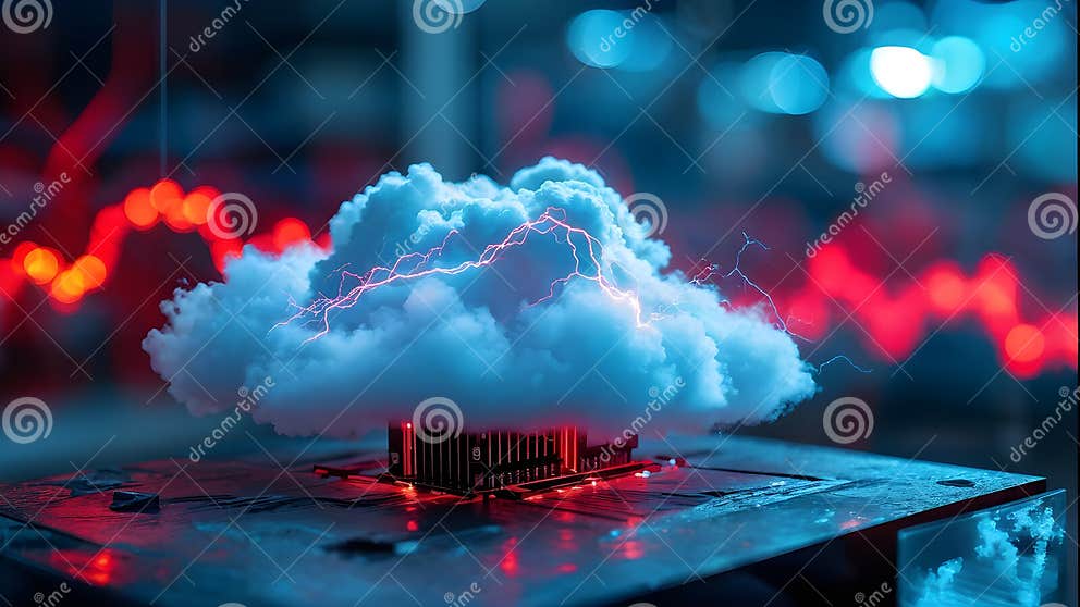 Holographic Red Cloud Icon with Lightning, Symbolizing Cloud Computing ...