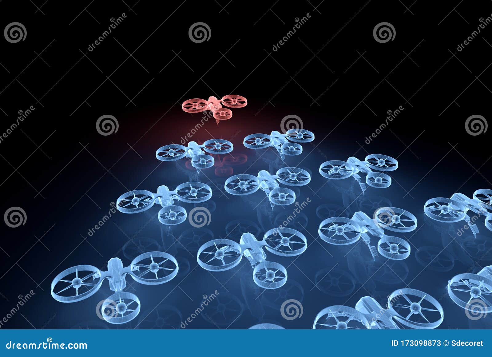 Holographic Red Drone Projection Leading Blue Drones 3D Rendering Stock ...