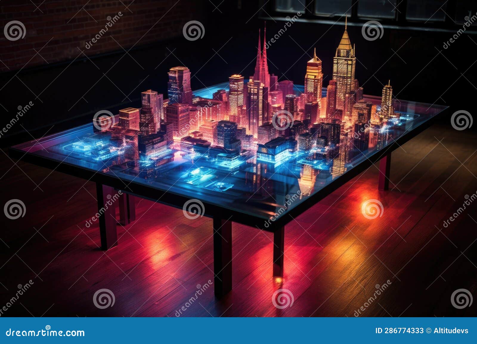 Holographic Table Displaying Futuristic Cityscape Stock Illustration ...