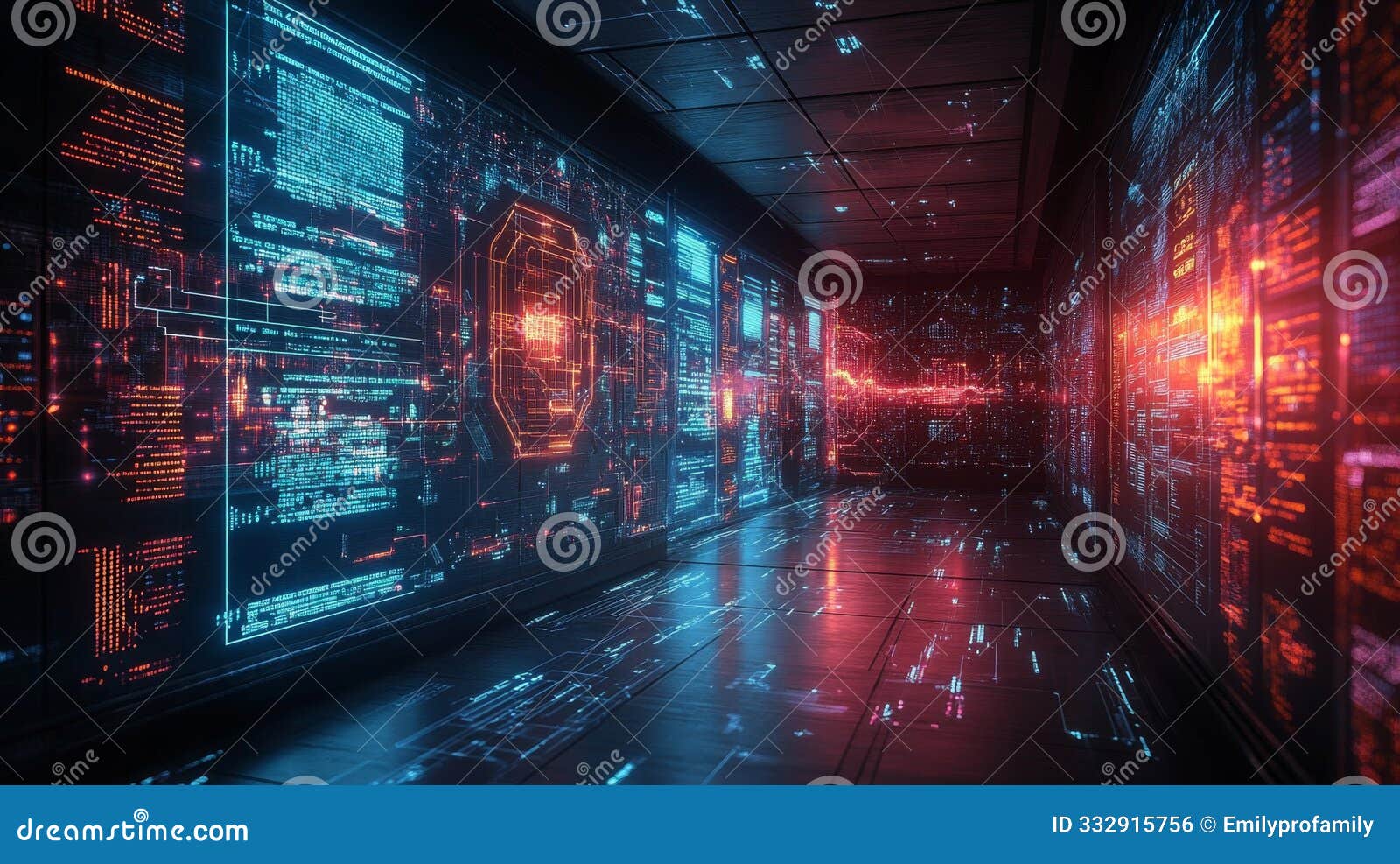 Holographic Technology Showcased in a Futuristic Corridor with Glowing ...