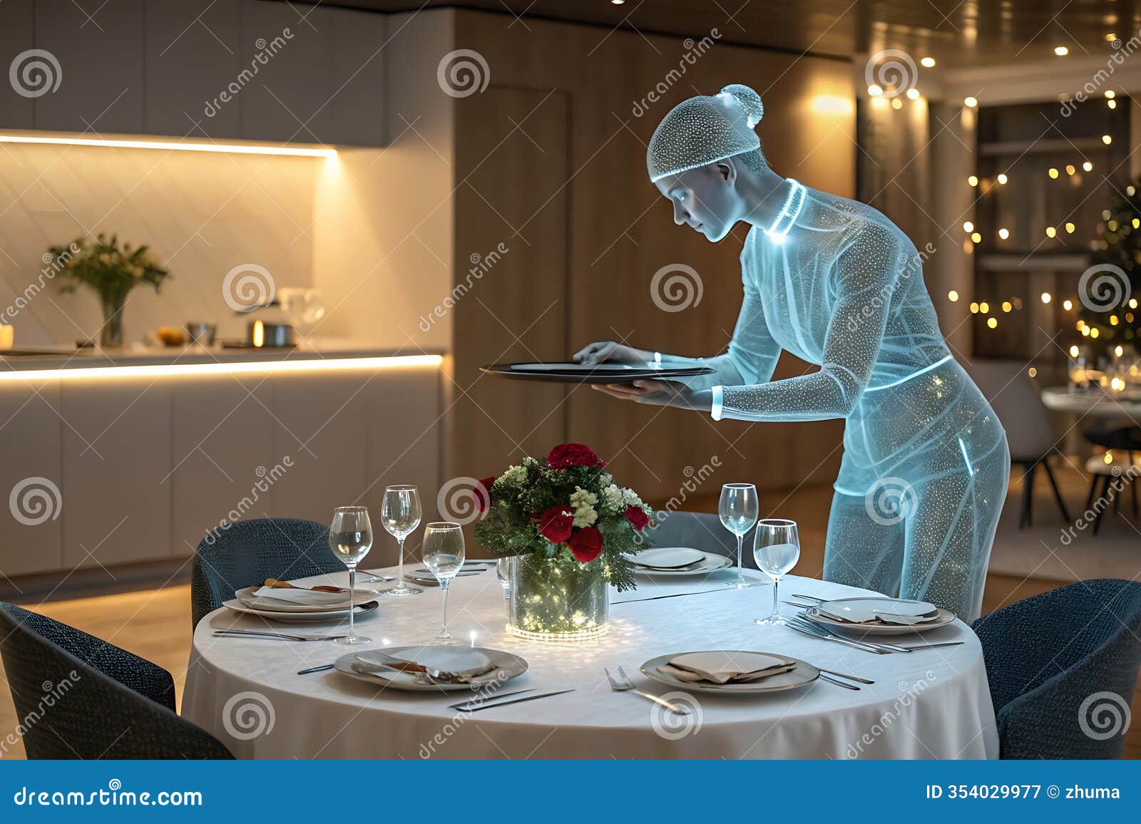 Holographic Virtual Assistant Setting Elegant Dinner Table in Modern ...