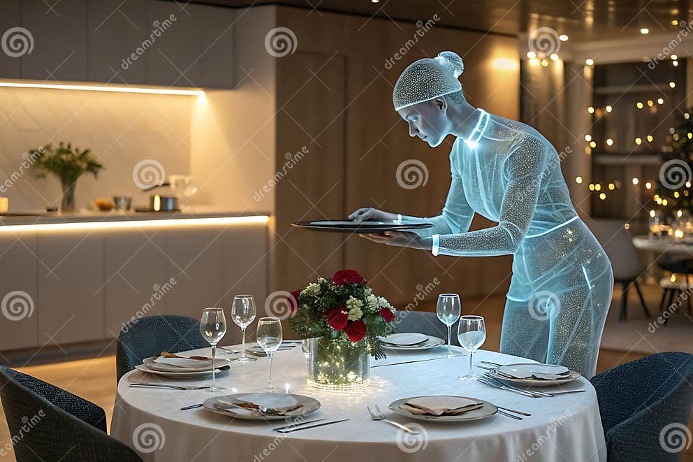 Holographic Virtual Assistant Setting Elegant Dinner Table in Modern ...
