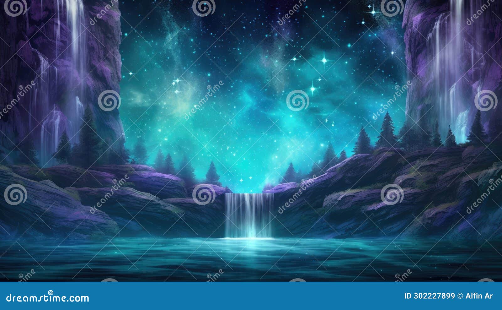 A Holographic Waterfall Under the Starlit Sky Stock Illustration ...