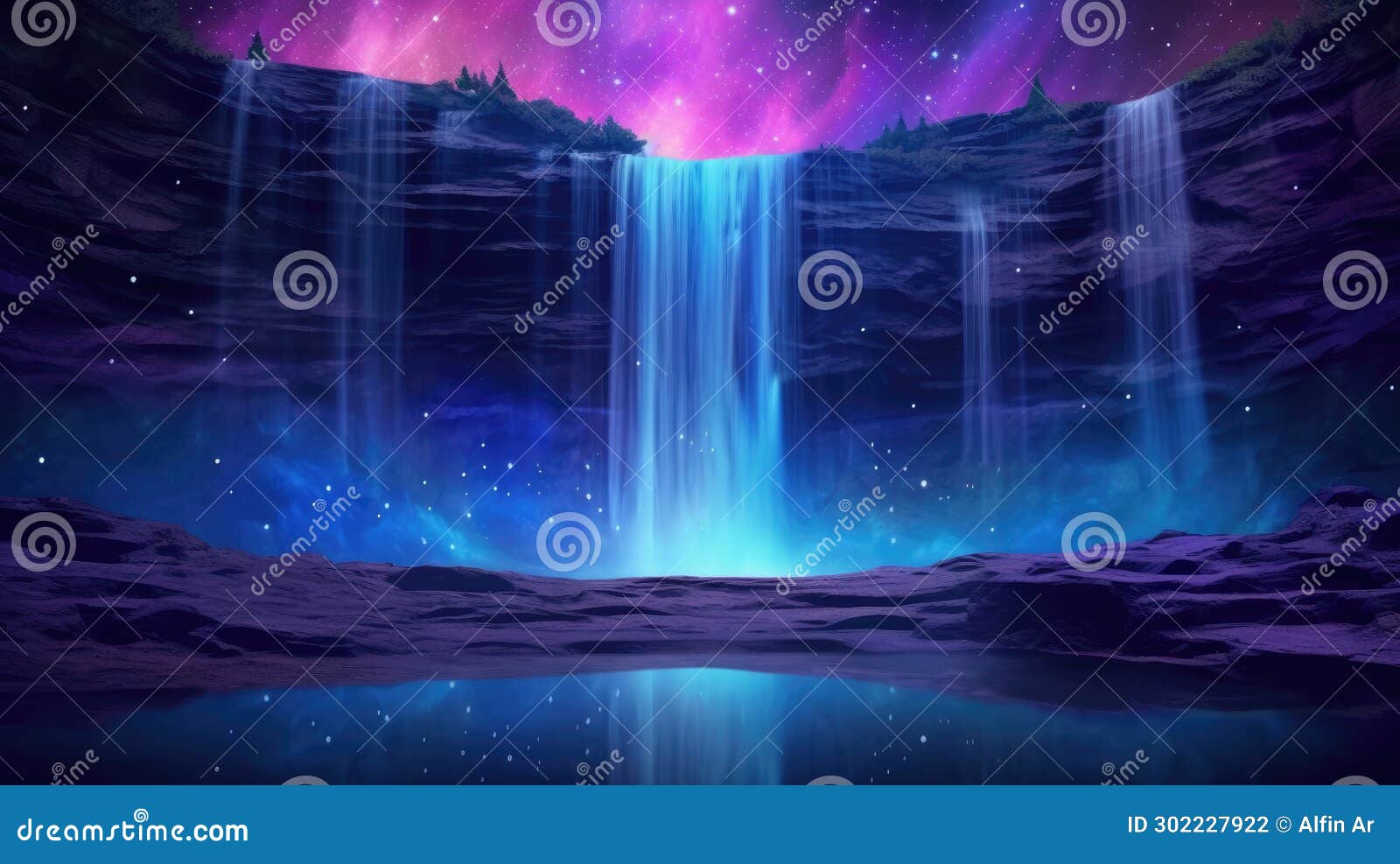 A Holographic Waterfall Under the Starlit Sky Stock Illustration ...