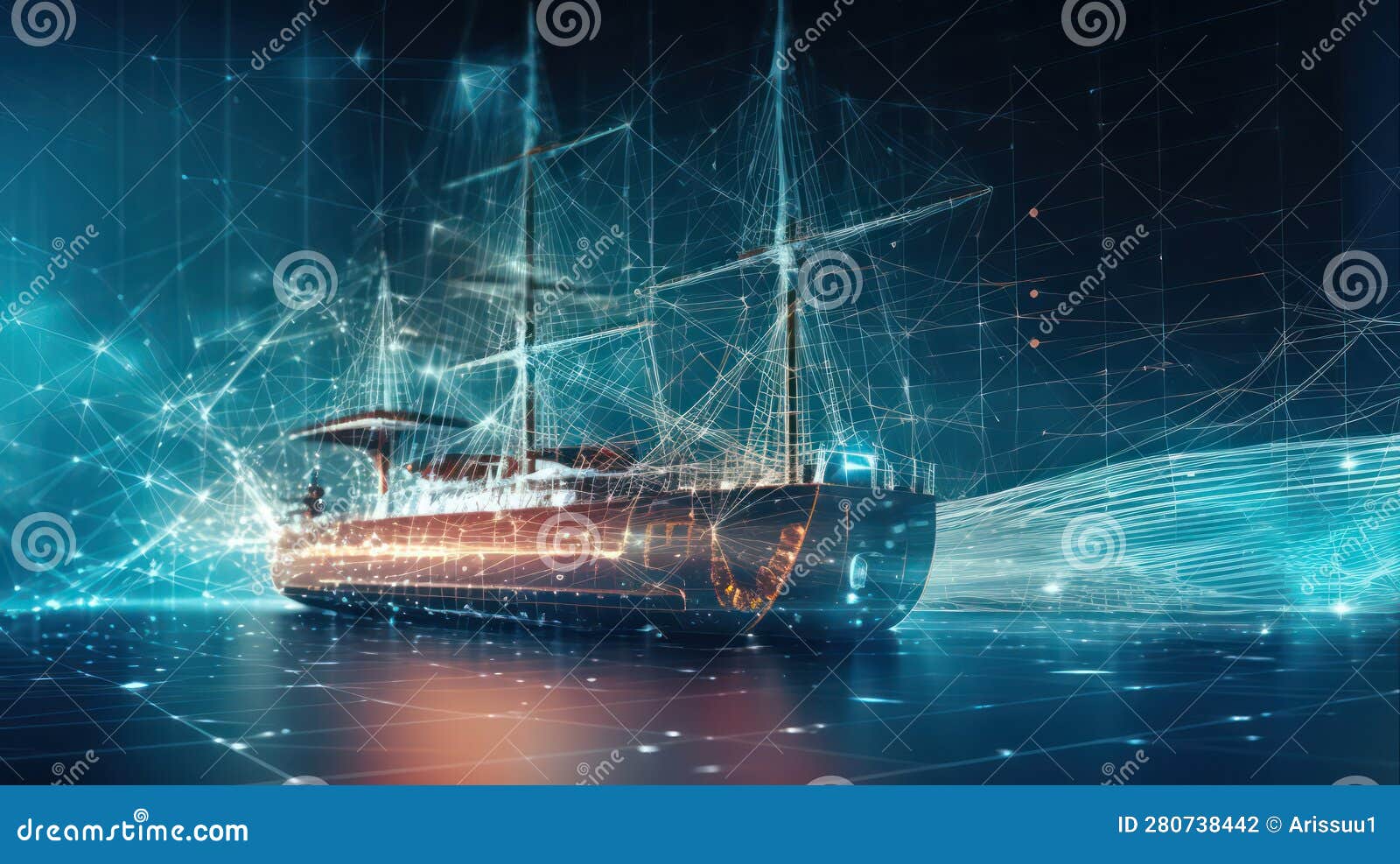 AI Generated 3d Image of a Holographic Wireframe Ship Model with a ...