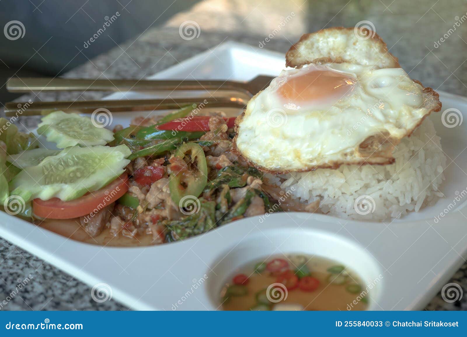 Holy Basil Fried Rice with Beef and Fried Egg Stock Image - Image of ...