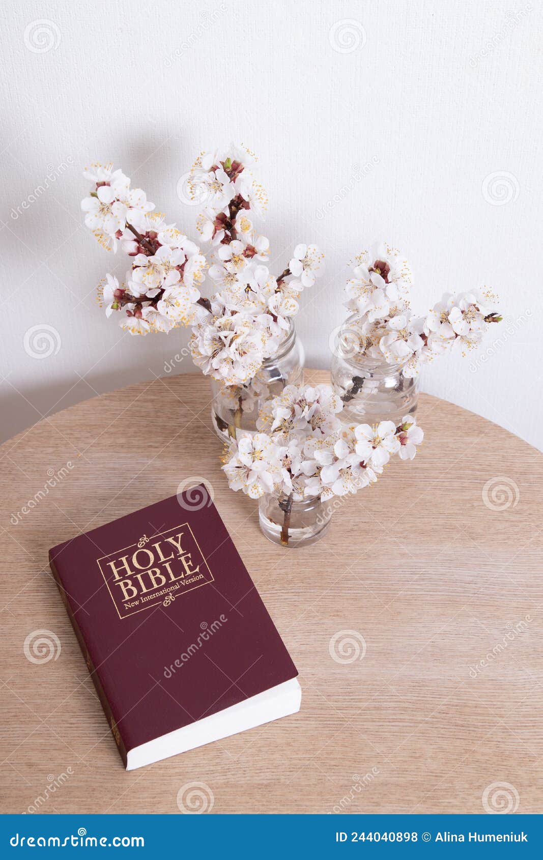 Holy Bible on Table with Blooming Spring Branch Stock Photo - Image of ...