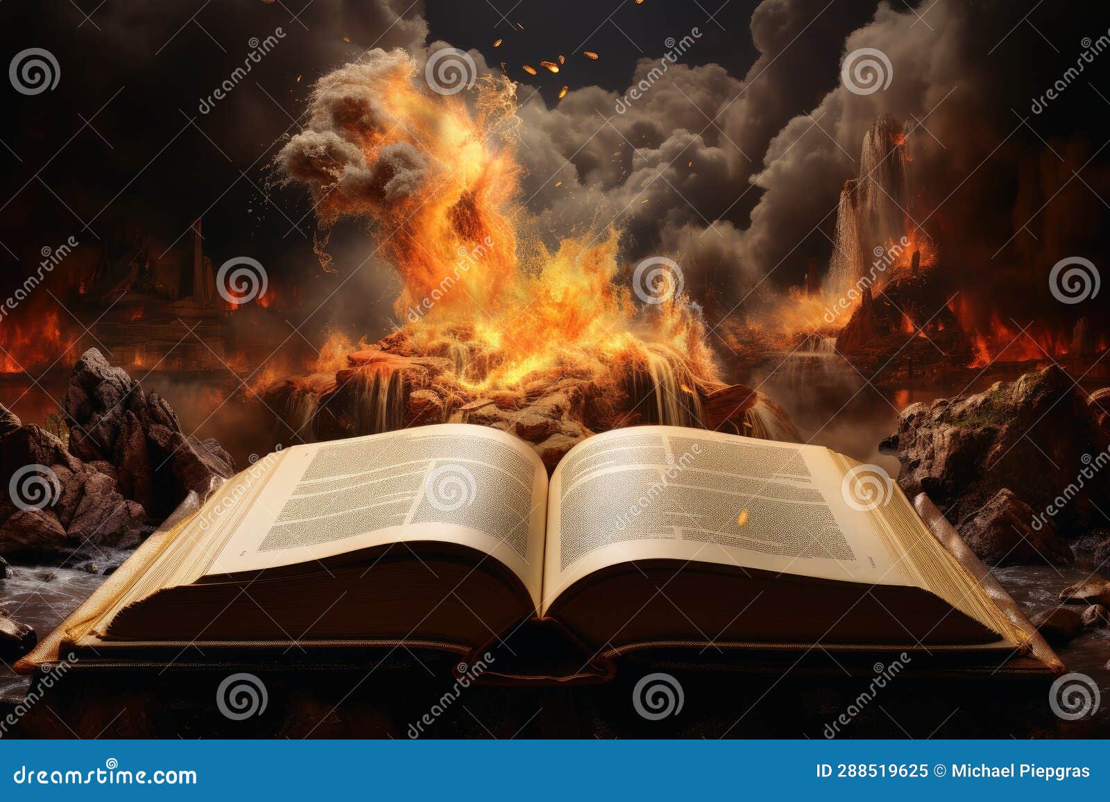 A Holy Bible on a Table with Flames and Light Stock Illustration ...