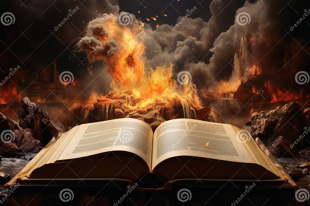 A Holy Bible on a Table with Flames and Light Stock Illustration ...