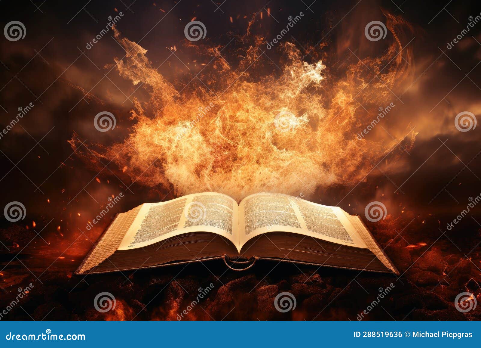 A Holy Bible on a Table with Flames and Light Stock Illustration ...