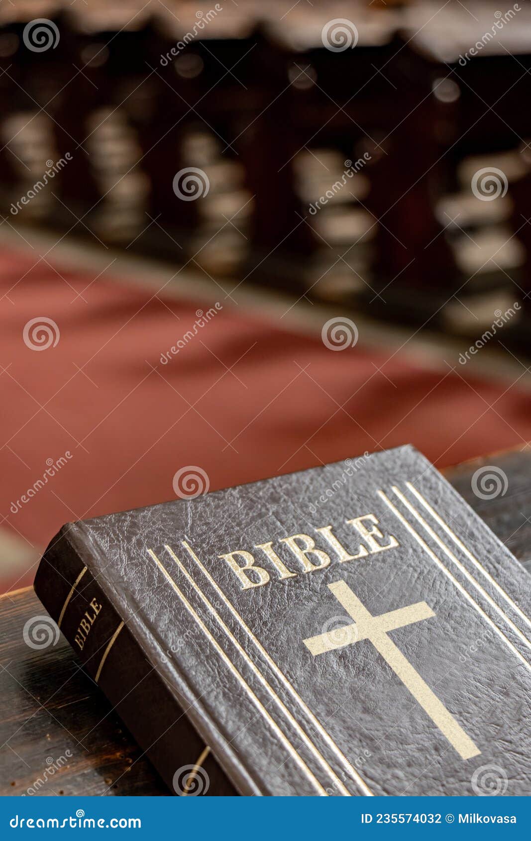 The Holy Bible on the Table of a Prayer Bench in the Church Stock Photo ...