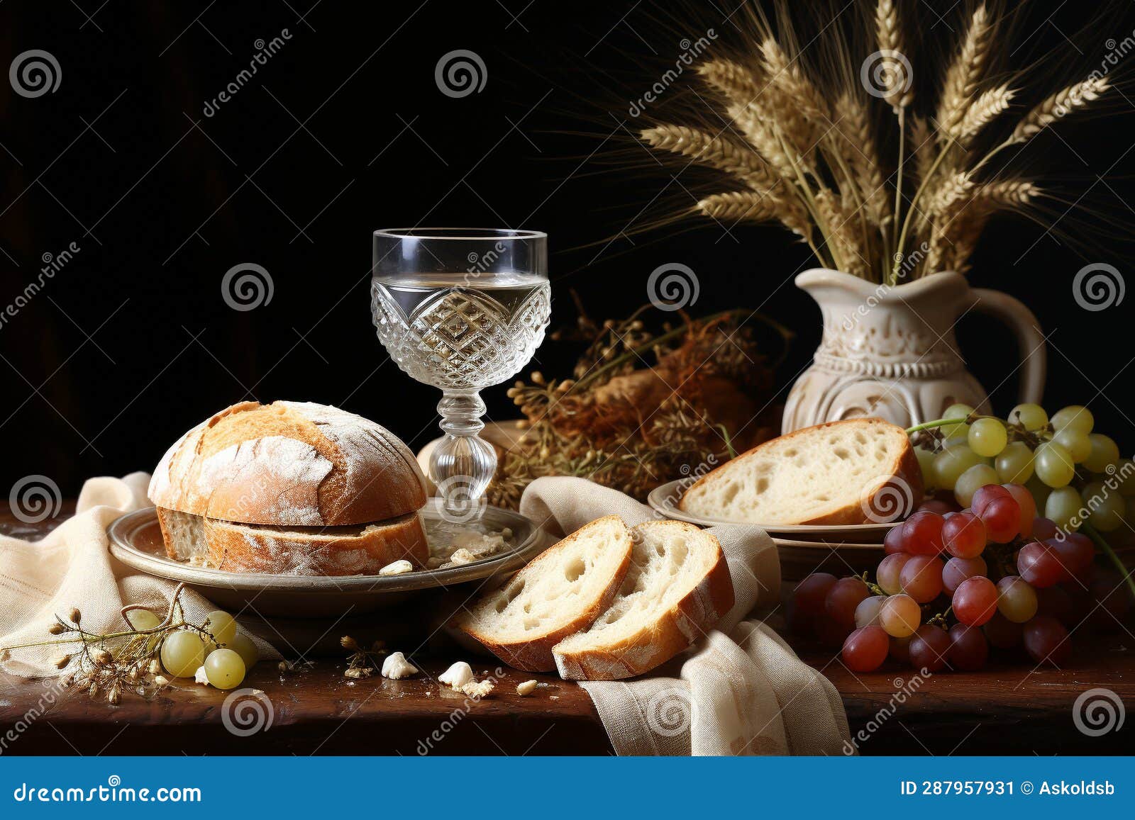 Holy Communion. a Chalice of Wine, Bread, Grapes and Ears of Wheat ...