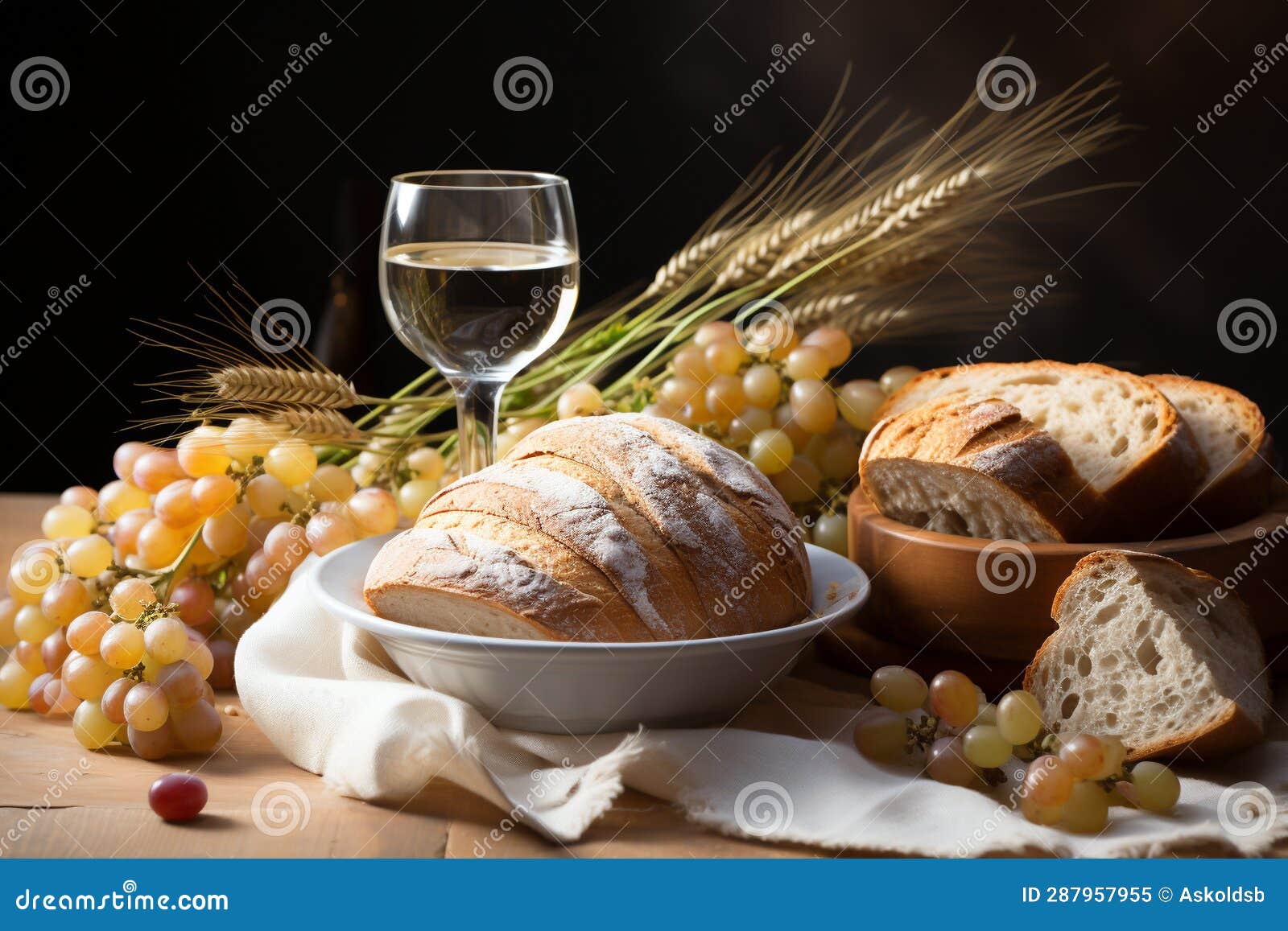 Holy Communion. a Chalice of Wine, Bread, Grapes and Ears of Wheat ...
