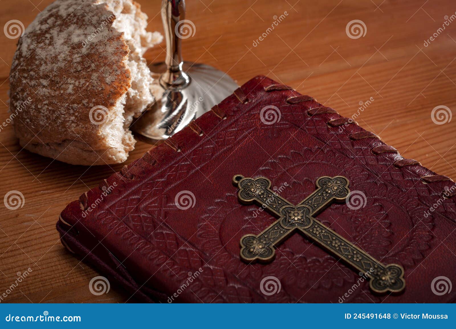 Holy Communion and Easter Concept with the Holy Bible. Bread and a ...