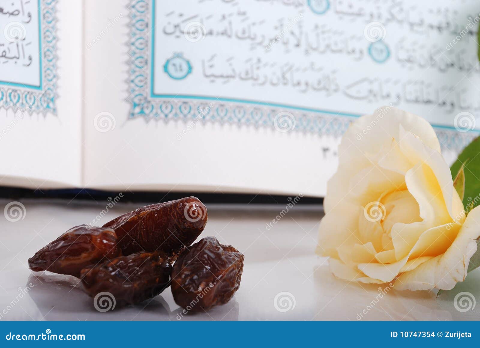 Holy Islam Book Some Dates and Rose Stock Photo - Image of flower ...