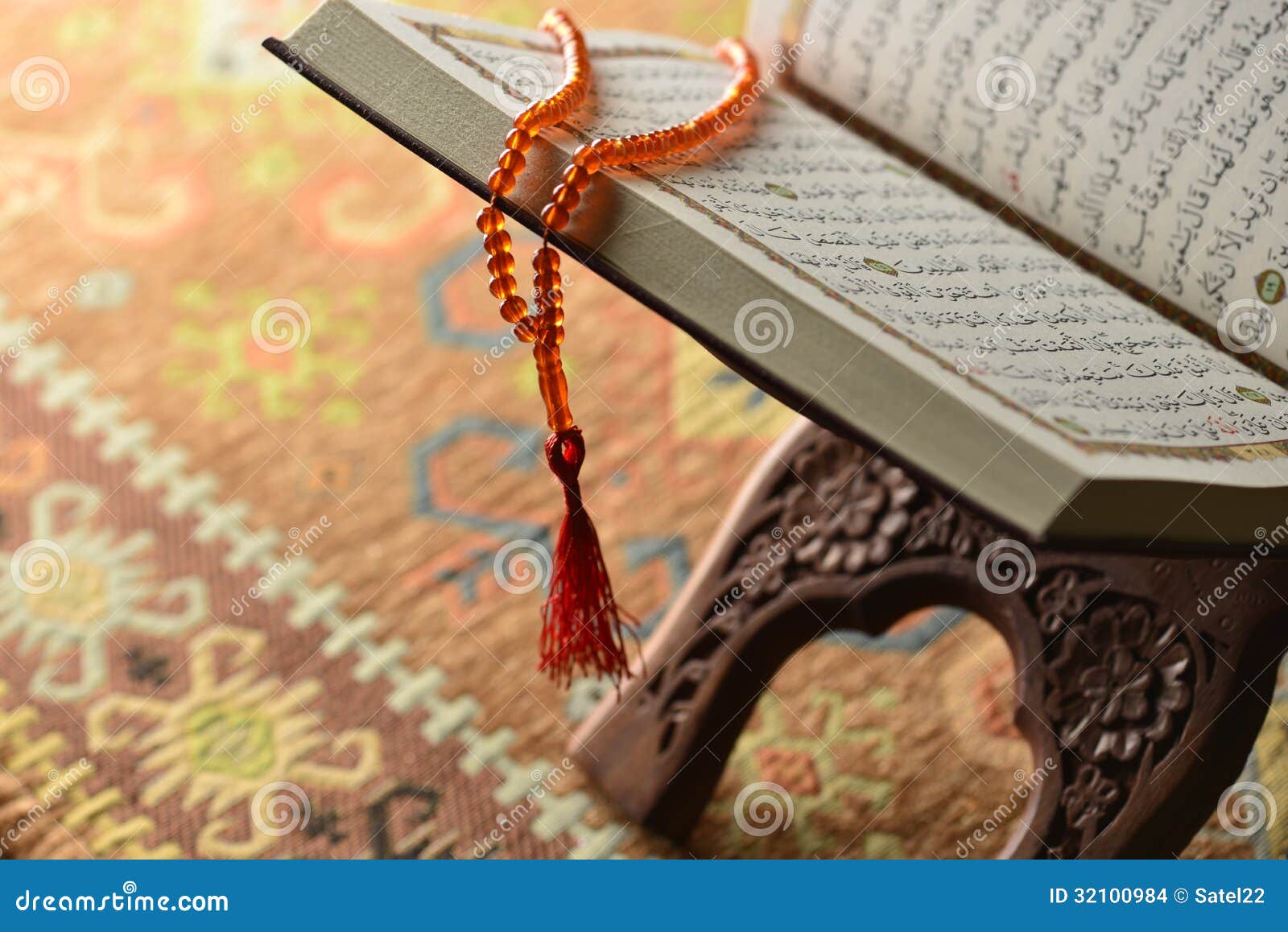 Koran Islamic Sacred Book On Traditional Muslim Style Wooden Stand With ...