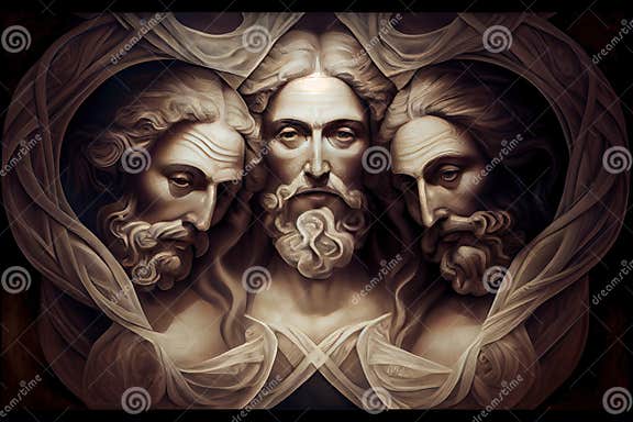 Holy Trinity, with Three Different Human Faces and Hands Visible Stock ...