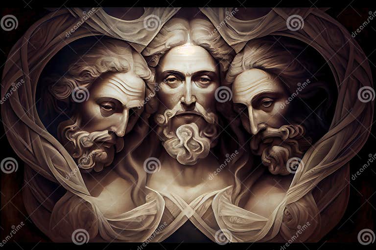Holy Trinity, with Three Different Human Faces and Hands Visible Stock ...